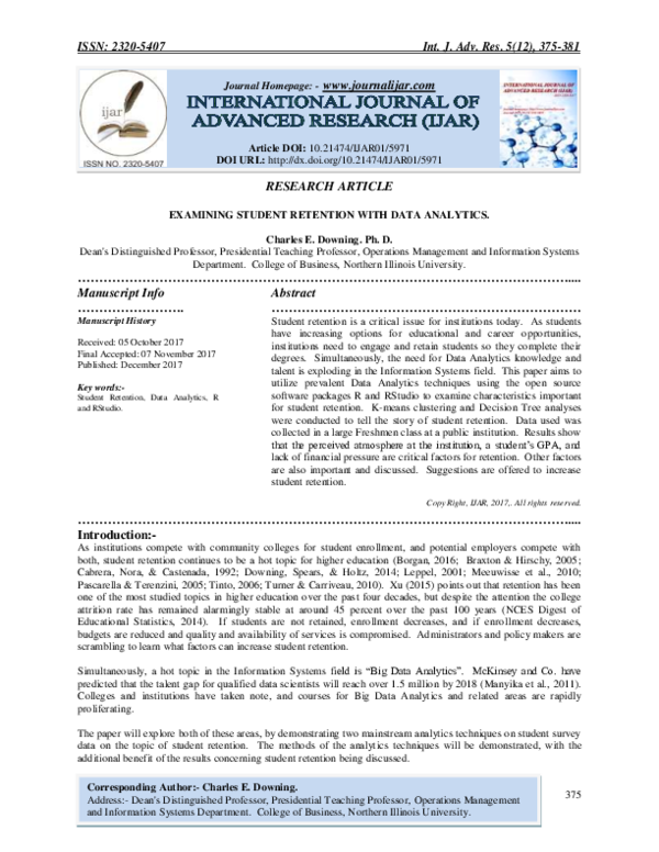 (PDF) EXAMINING STUDENT RETENTION WITH DATA ANALYTICS.