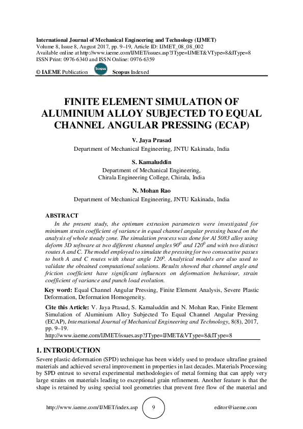 (PDF) FINITE ELEMENT SIMULATION OF ALUMINIUM ALLOY SUBJECTED TO EQUAL CHANNEL ANGULAR PRESSING (ECAP