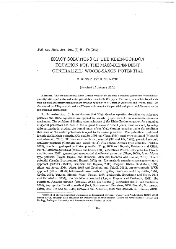 (PDF) EXACT SOLUTIONS OF THE KLEIN-GORDON EQUATION FOR THE MASS ...