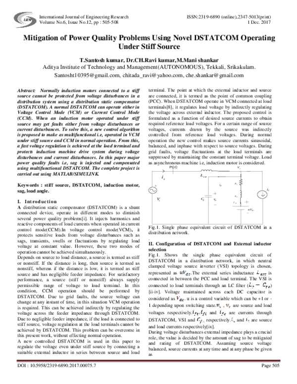 (PDF) Mitigation of Power Quality Problems Using Novel DSTATCOM Operating Under Stiff Source