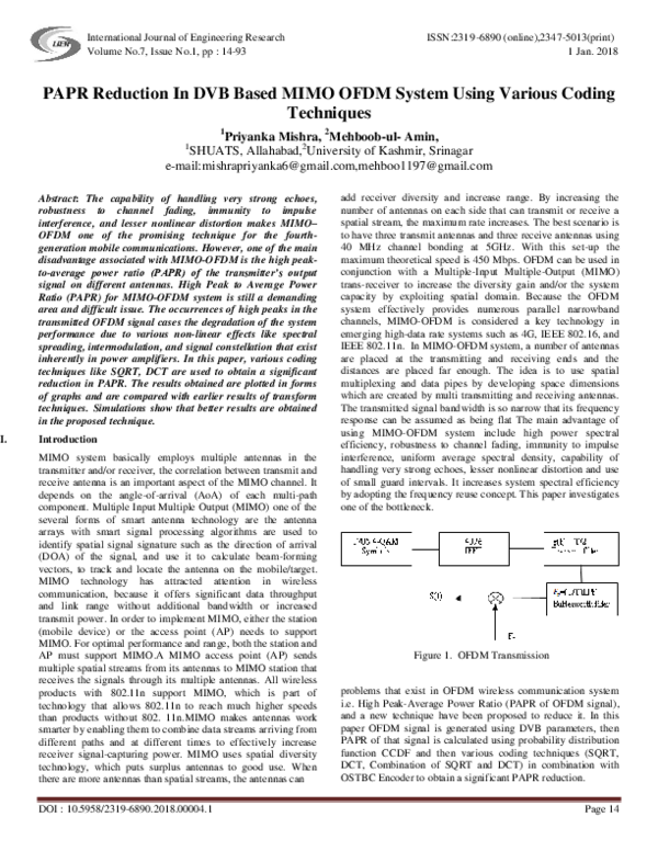 Pdf Papr Reduction In Dvb Based Mimo Ofdm System Using Various Coding Techniques