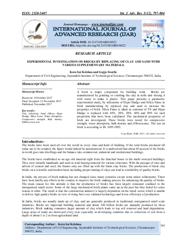 (PDF) EXPERIMENTAL INVESTIGATION ON BRICKS BY REPLACING OF CLAY AND ...