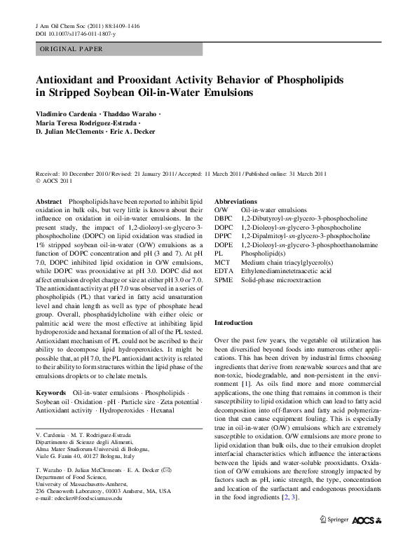 (PDF) Antioxidant and Prooxidant Activity Behavior of Phospholipids in ...