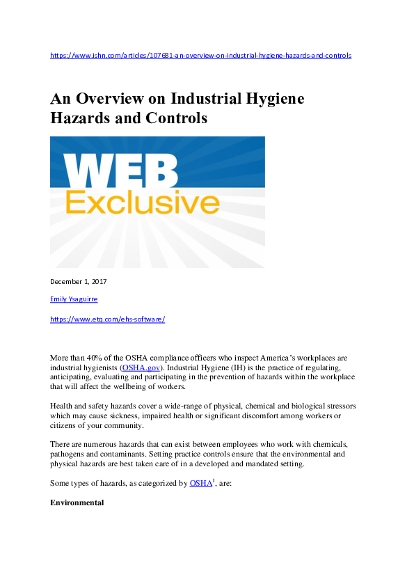 (DOC) An Overview on Industrial Hygiene Hazards and Controls