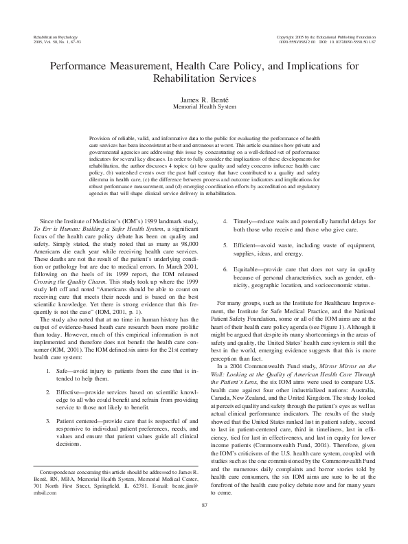 (PDF) Performance Measurement, Health Care Policy, and Implications for ...