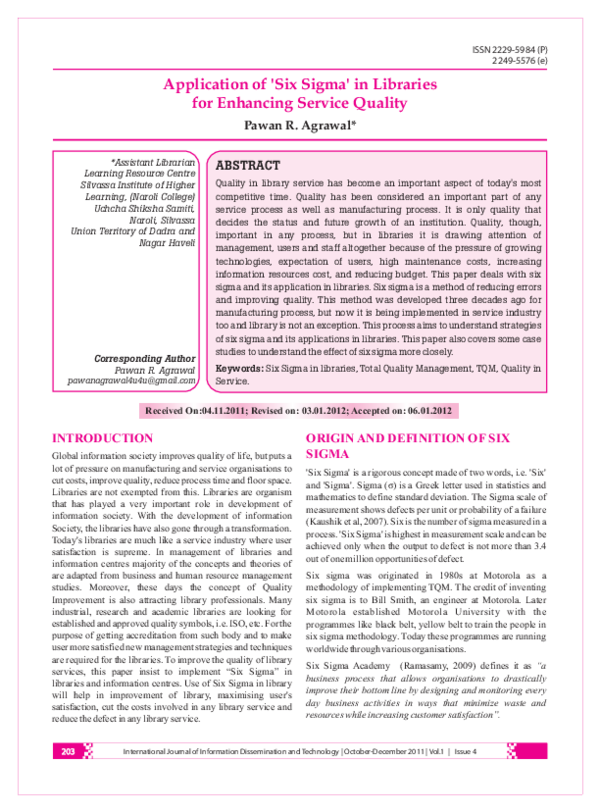 (PDF) APPLICATION OF 'SIX SIGMA' IN LIBRARIES FOR ENHANCING SERVICE QUALITY