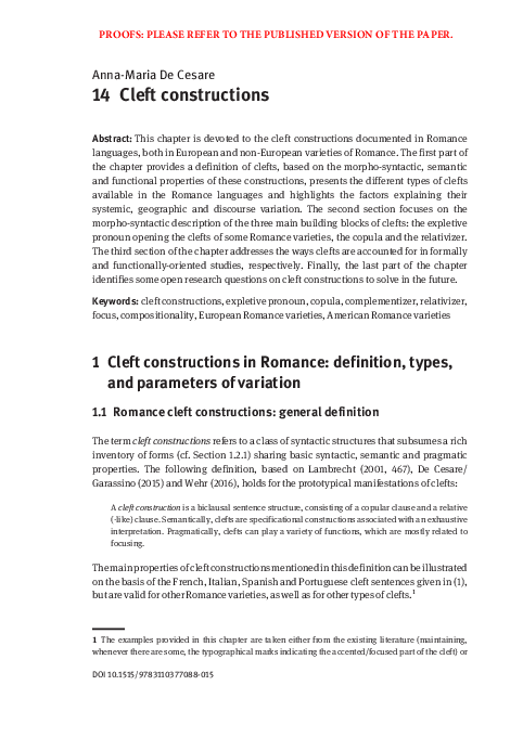 (PDF) Cleft Constructions, De Cesare 2017 (uploaded are the Proofs)