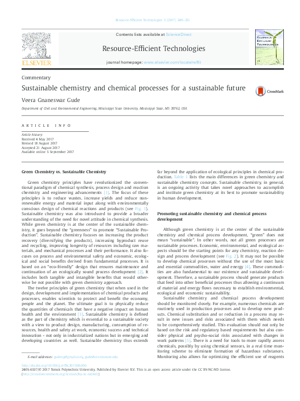 (PDF) Sustainable chemistry and chemical processes for a sustainable ...
