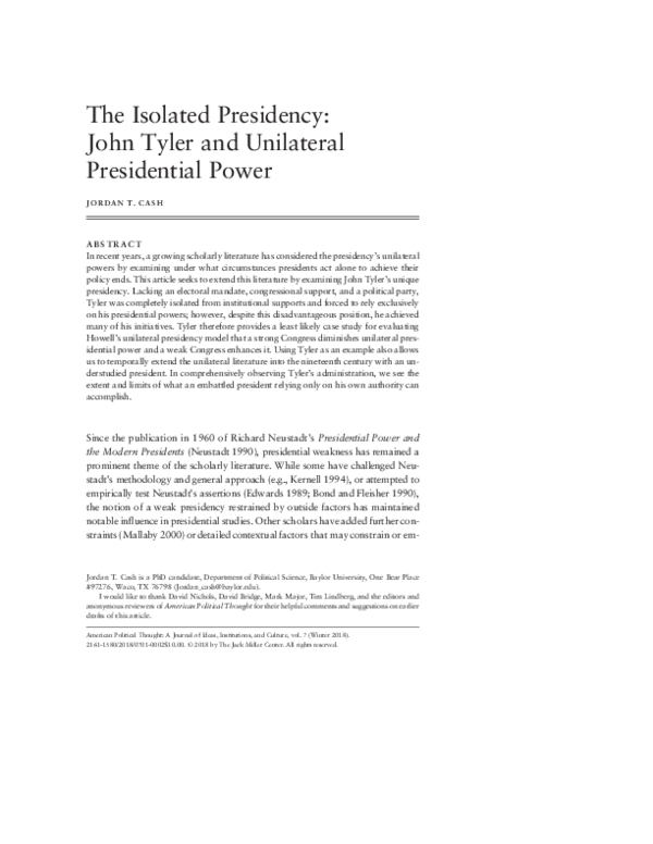 (PDF) The Isolated Presidency: John Tyler and Unilateral Presidential Power