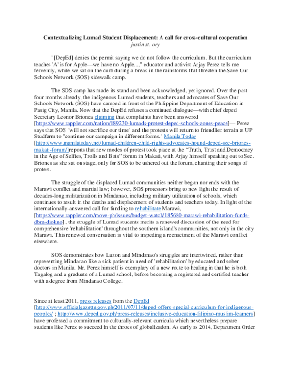 (PDF) Contextualizing Lumad Student Displacement: A call for