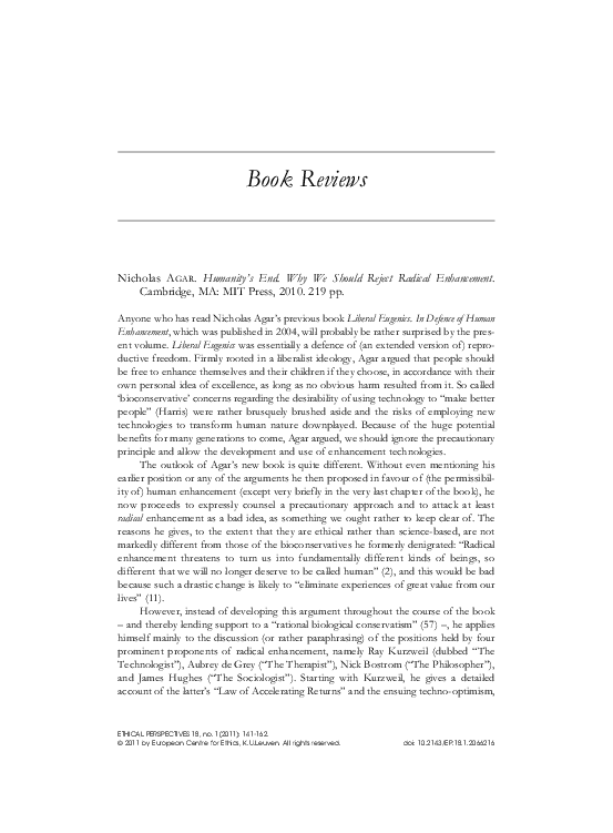 (PDF) Review of Nicholas Agar's Humanity's End
