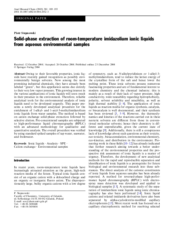 (PDF) Solid-phase extraction of room-temperature imidazolium ionic liquids from aqueous ...