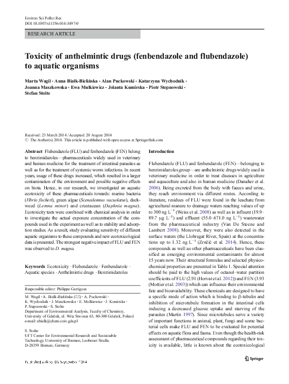 (PDF) Toxicity of anthelmintic drugs (fenbendazole and flubendazole) to ...