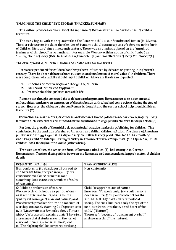 (DOC) " IMAGINING THE CHILD " BY DEBORAH THACKER: SUMMARY