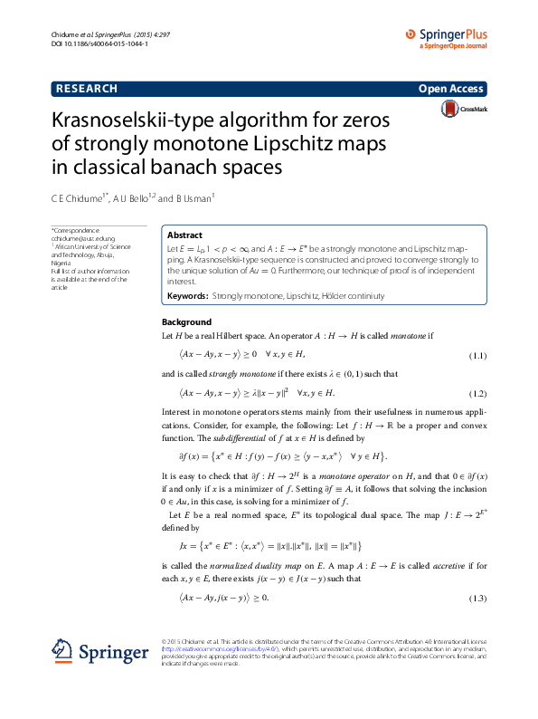 Krasnoselskii‑type algorithm for zeros of strongly monotone Lipschitz maps in classical banach ...