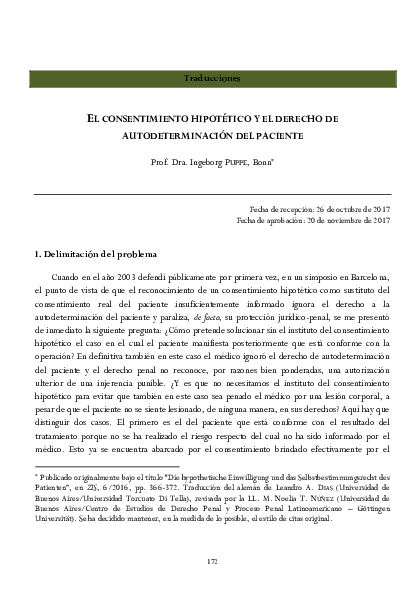 (PDF) Ingeborg Puppe, "El consentimiento hipotético y el derecho de ...