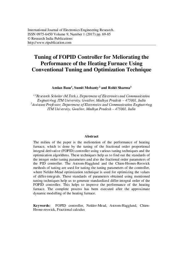 (PDF) Tuning of FOPID Controller for Meliorating the Performance of the Heating Furnace Using ...