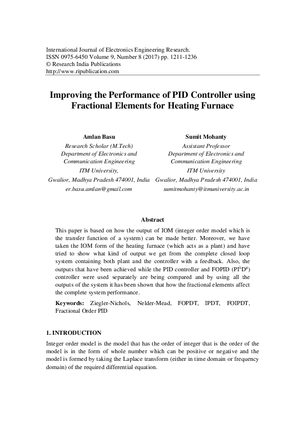 (PDF) Improving the Performance of PID Controller using Fractional Elements for Heating Furnace