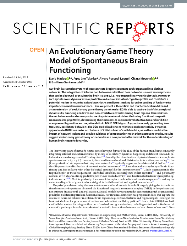 (PDF) An Evolutionary Game Theory Model of Spontaneous Brain Functioning