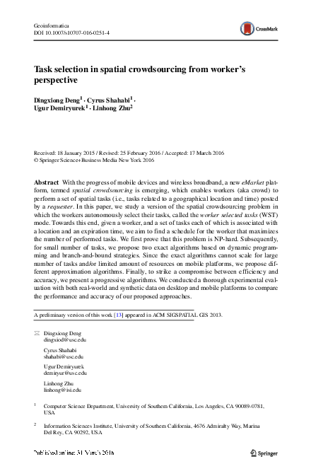 (PDF) Task selection in spatial crowdsourcing from worker's perspective