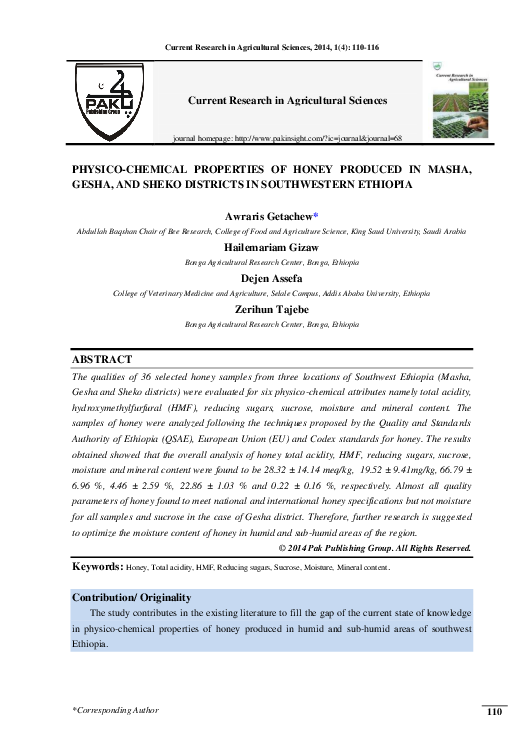 (PDF) Physicochemical Properties of Honey Produced in the Homesha ...
