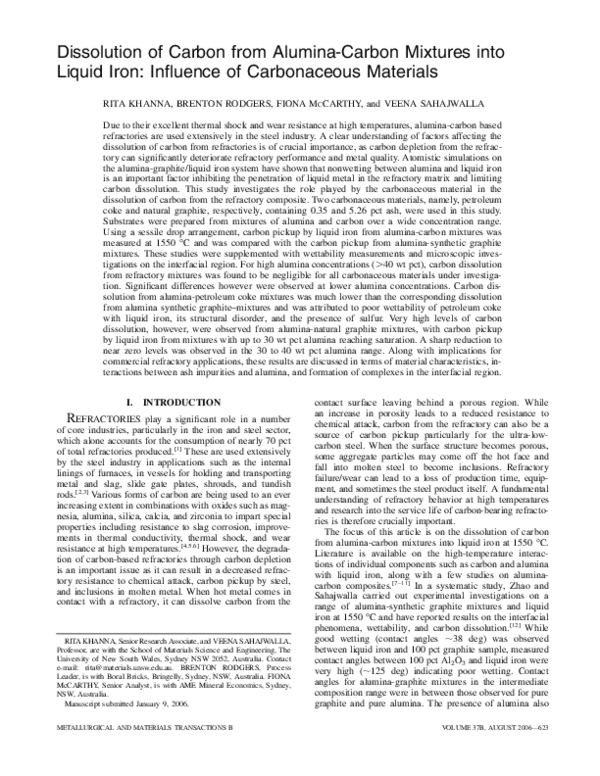 (PDF) Dissolution of carbon from alumina-carbon mixtures into liquid ...