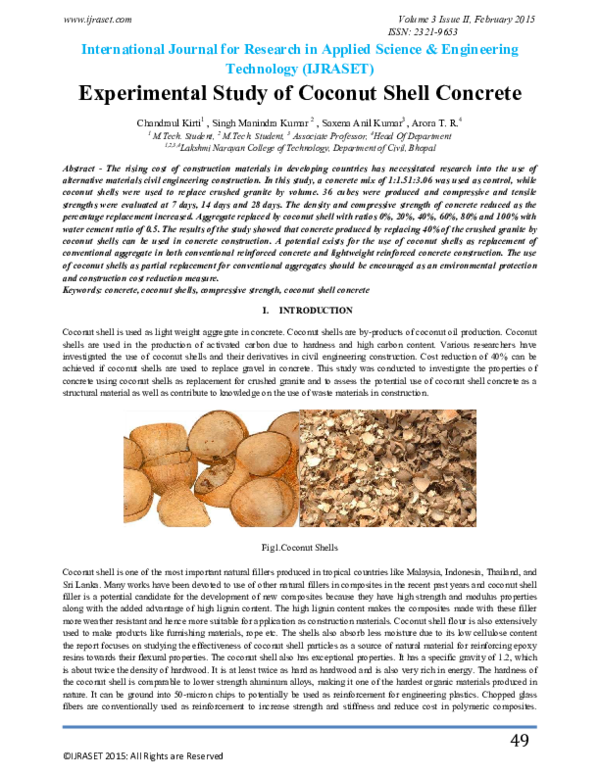 (PDF) Study on Mechanical Performance of Coconut shell Aggregate Coconut