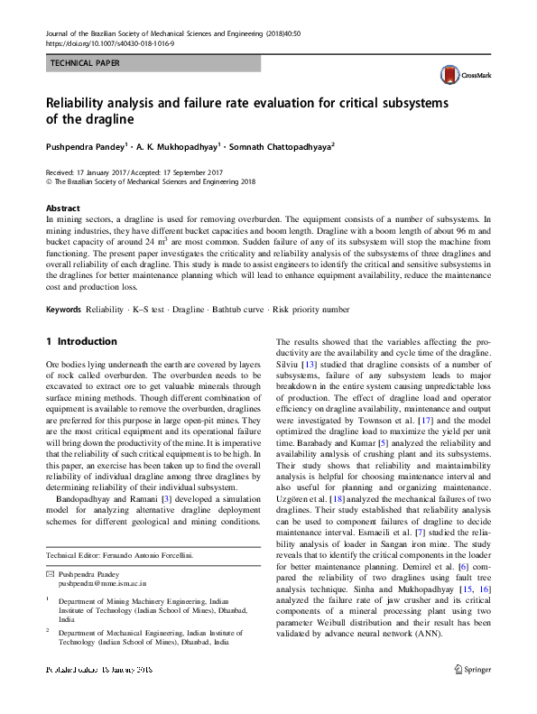 (PDF) Dragline Subsystem Reliability and Failure Analysis