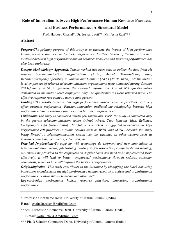 Doc Role Of Innovation Between High Performance Human Resource Practices And Business