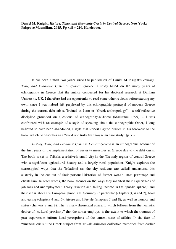 (PDF) Review on Daniel M. Knight, 'History, Time, and Economic Crisis ...