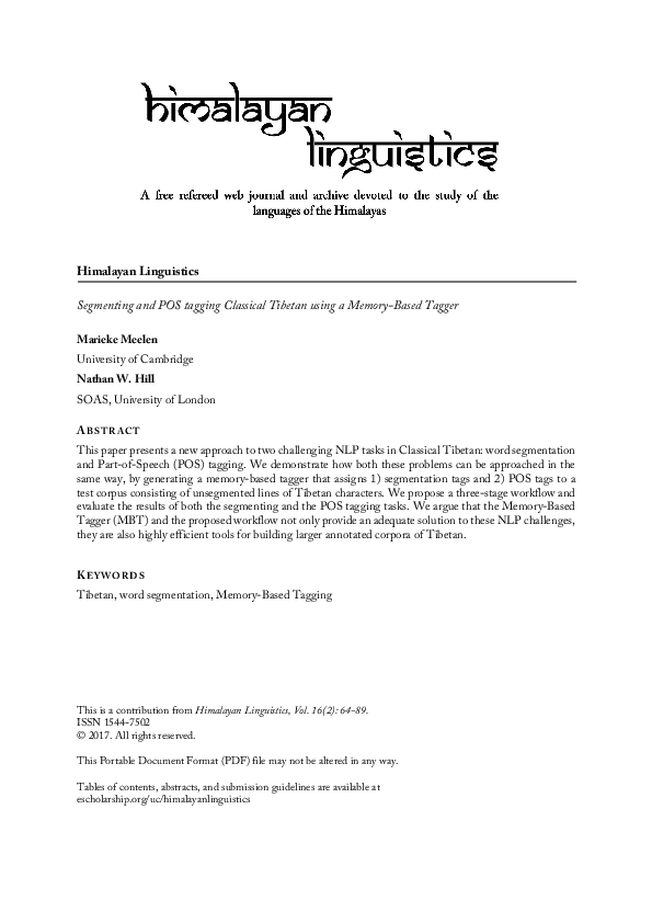 (PDF) Segmenting and POS tagging Classical Tibetan using a Memory-Based Tagger