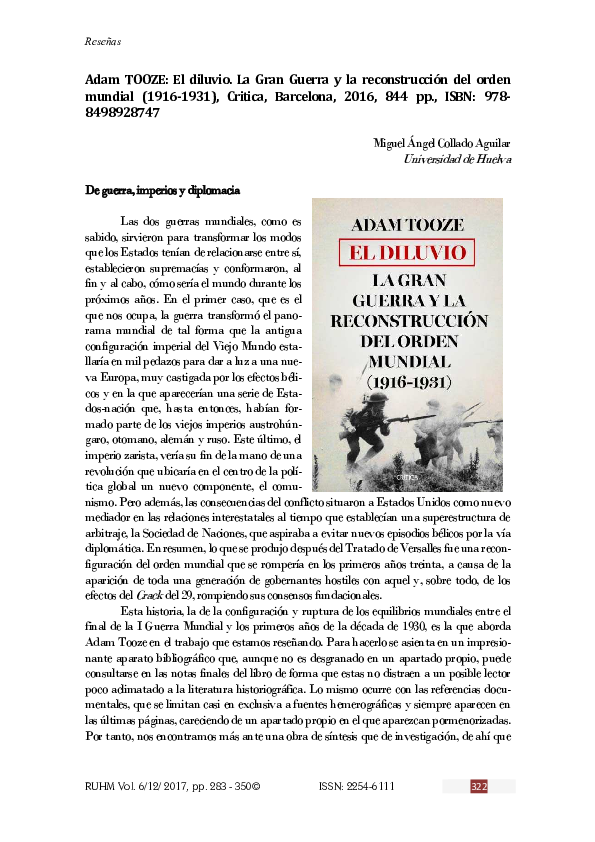 (PDF) Adam TOOZE: El diluvio. La Gran Guerra y la reconstrucción del orden mundial (1916‐1931 ...