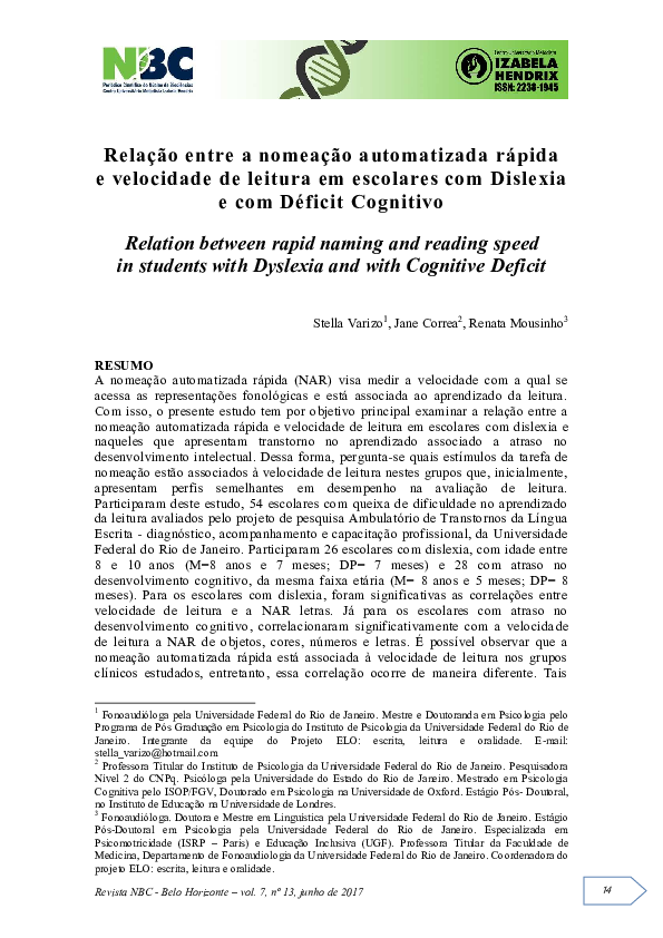 (PDF) Relação entre a nomeação automatizada rápida e velocidade de ...