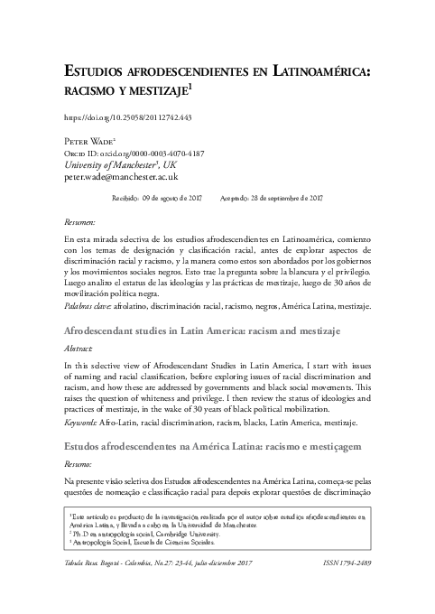 (PDF) Estudios afrodescendientes en Latinoamérica: racismo y mestizaje