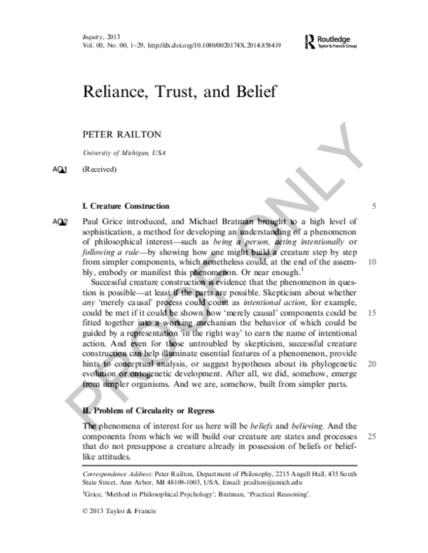 (PDF) Reliance, Trust, and Belief