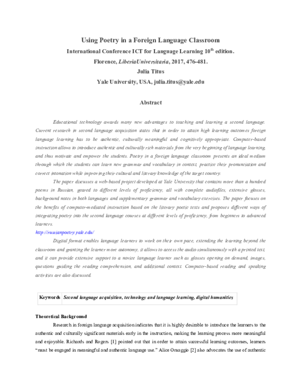 (PDF) Using Poetry in a Foreign Language Classroom