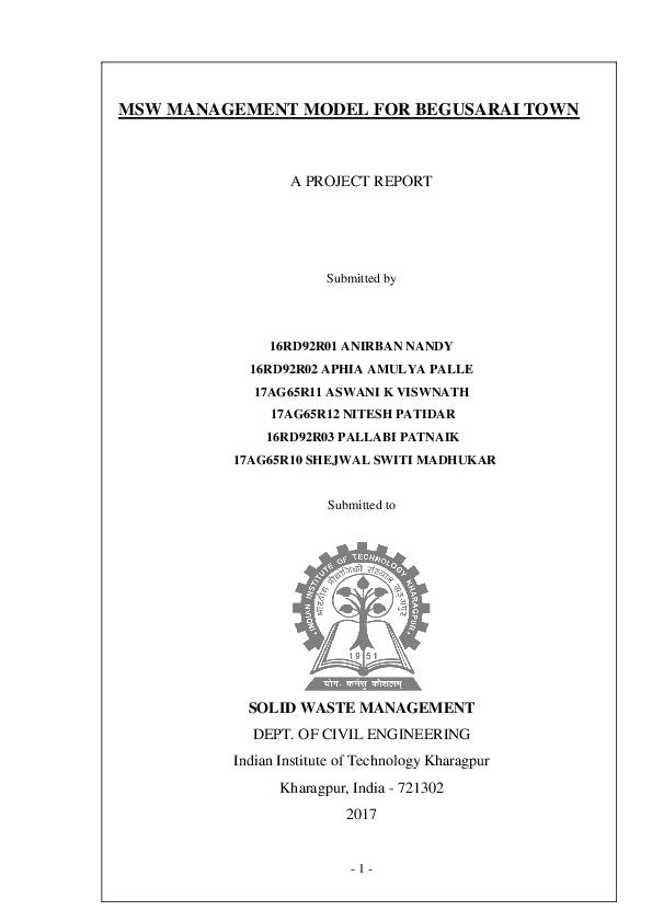 (PDF) MSW MANAGEMENT MODEL FOR BEGUSARAI TOWN A PROJECT REPORT ...