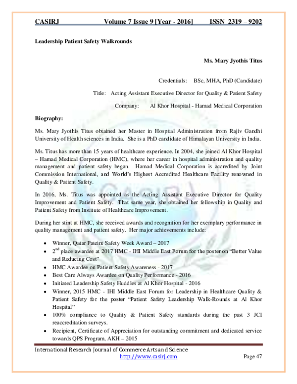 (PDF) Leadership Patient Safety Walkrounds | International Research ...