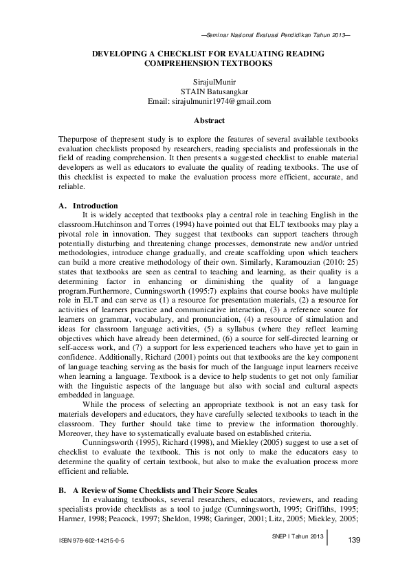 (PDF) DEVELOPING A CHECKLIST FOR EVALUATING READING COMPREHENSION TEXTBOOKS