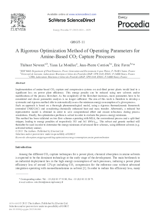 (PDF) A Rigorous Optimization Method of Operating Parameters for Amine-Based CO2 Capture Processes