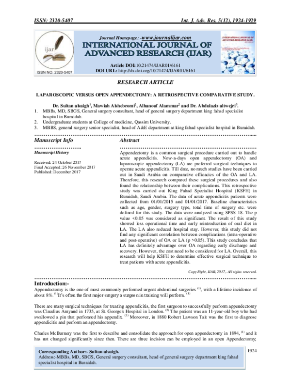(PDF) LAPAROSCOPIC VERSUS OPEN APPENDECTOMY: A RETROSPECTIVE COMPARATIVE STUDY
