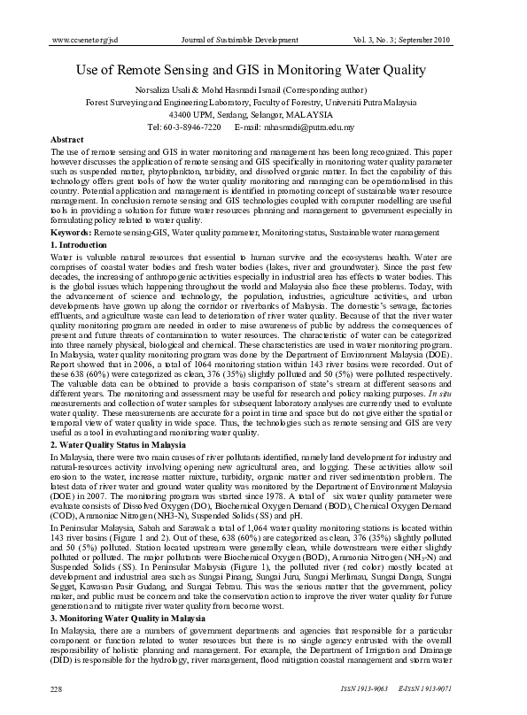 Pdf Use Of Remote Sensing And Gis In Monitoring Water Quality