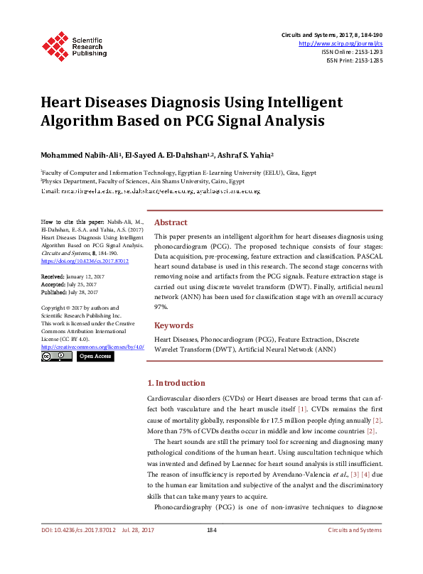 Pdf Heart Diseases Diagnosis Using Intelligent Algorithm Based On Pcg Signal Analysis