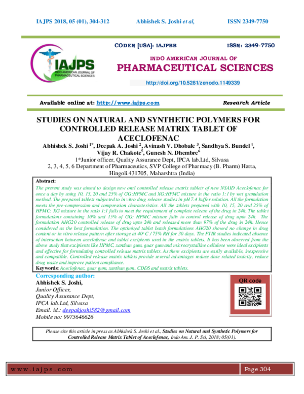 (PDF) STUDIES ON NATURAL AND SYNTHETIC POLYMERS FOR CONTROLLED RELEASE ...