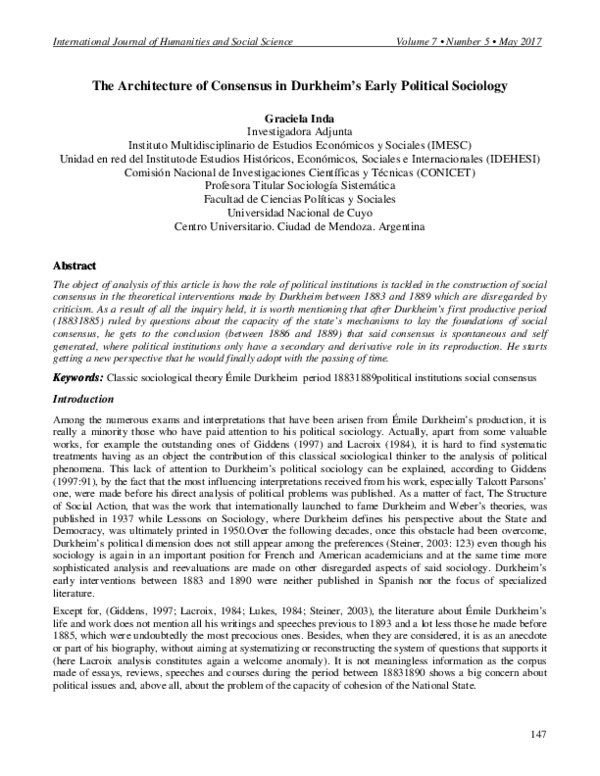 (PDF) The Architecture of Consensus in Durkheim's Early Political Sociology