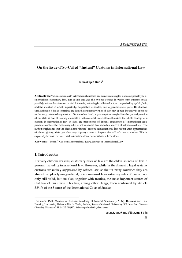 (PDF) On the Issue of So-Called " Instant " Customs in International Law