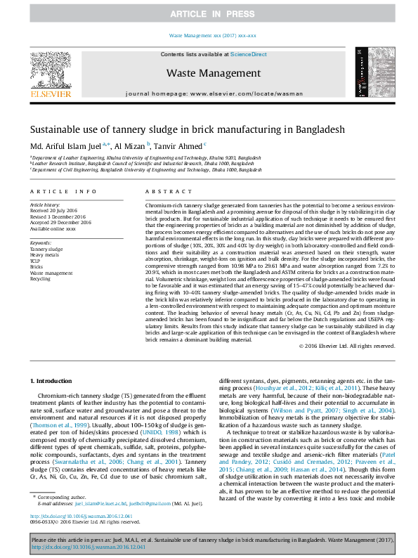 (PDF) Sustainable use of tannery sludge in brick manufacturing in ...