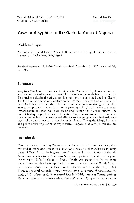 (PDF) Yaws and Syphilis in the Garkida Area of Nigeria