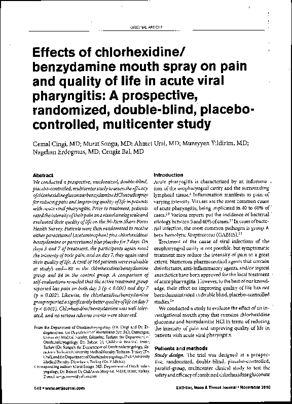 (PDF) Effects of chlorhexidine/benzydamine mouth spray on pain and ...