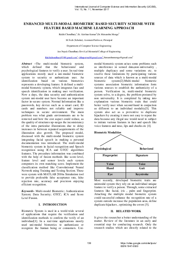 Pdf Enhanced Multi Modal Biometric Based Security Scheme With Feature Based Machine Learning